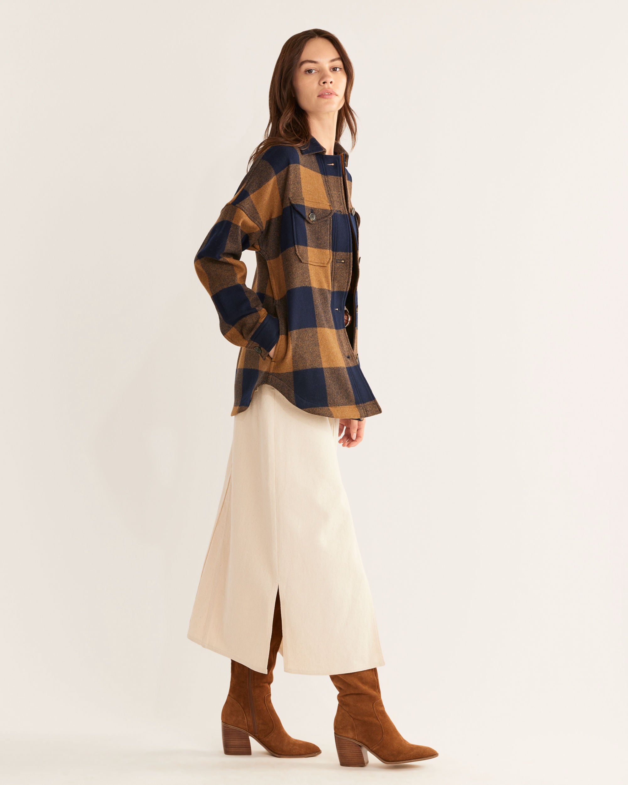 Wool Shacket - Navy/Camel Check | Maple Street Denim